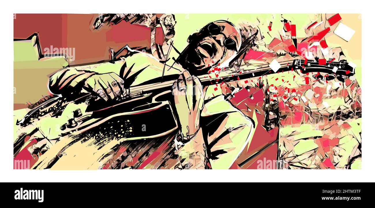 Afro-american jazz guitarist singing - vector illustration (portrait ...