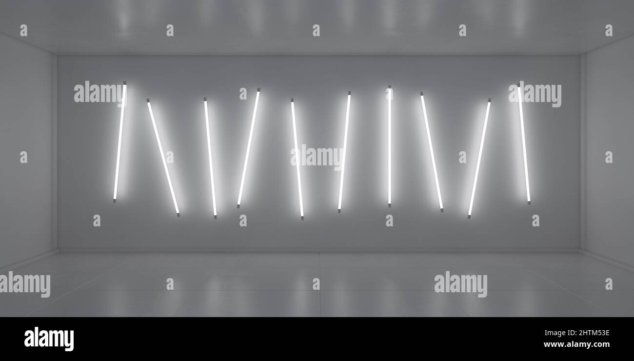 Dark gray stage room with glowing led lights on the wall, copy space ...