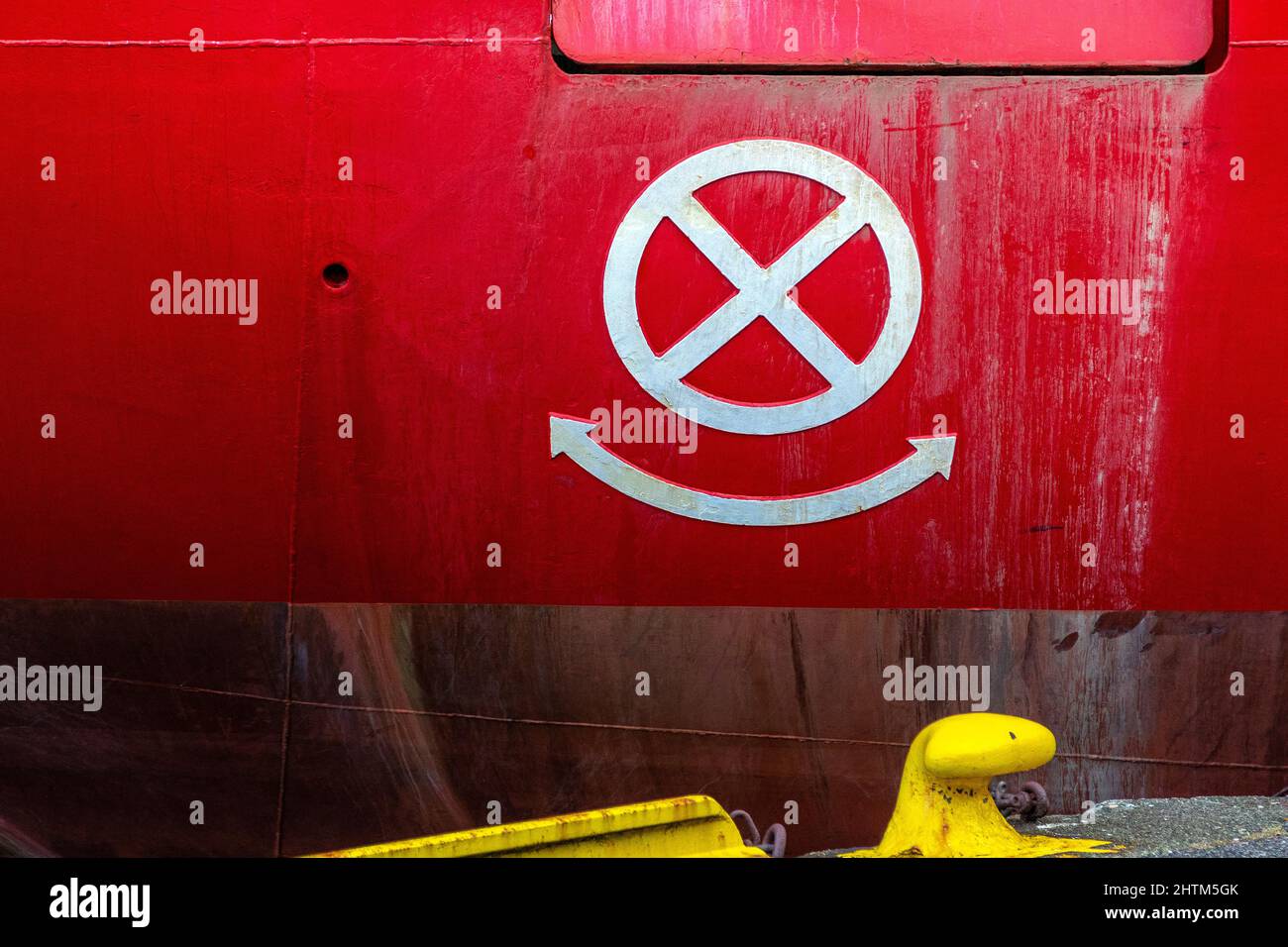 Details from starboard hull of offshore PSV vessel Skandi Barra in port ...