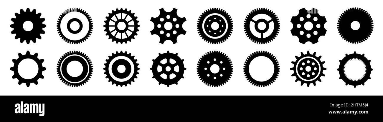 Simple gear icons. Wheels set on black background. Vector white ...