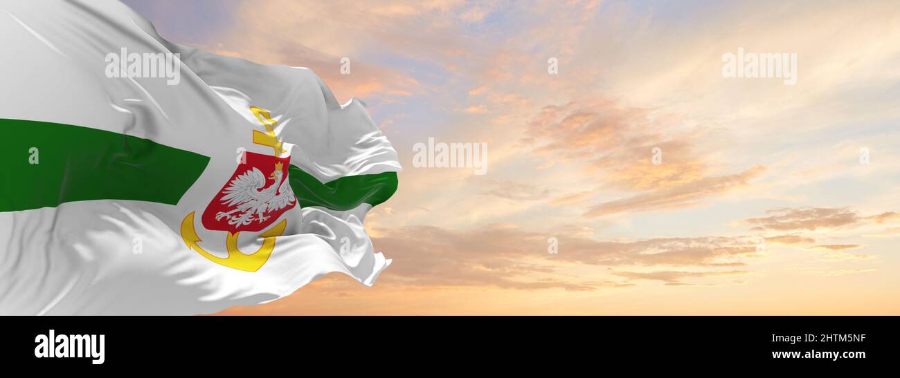 flag of Customs ship, service green , Poland at cloudy sky background ...