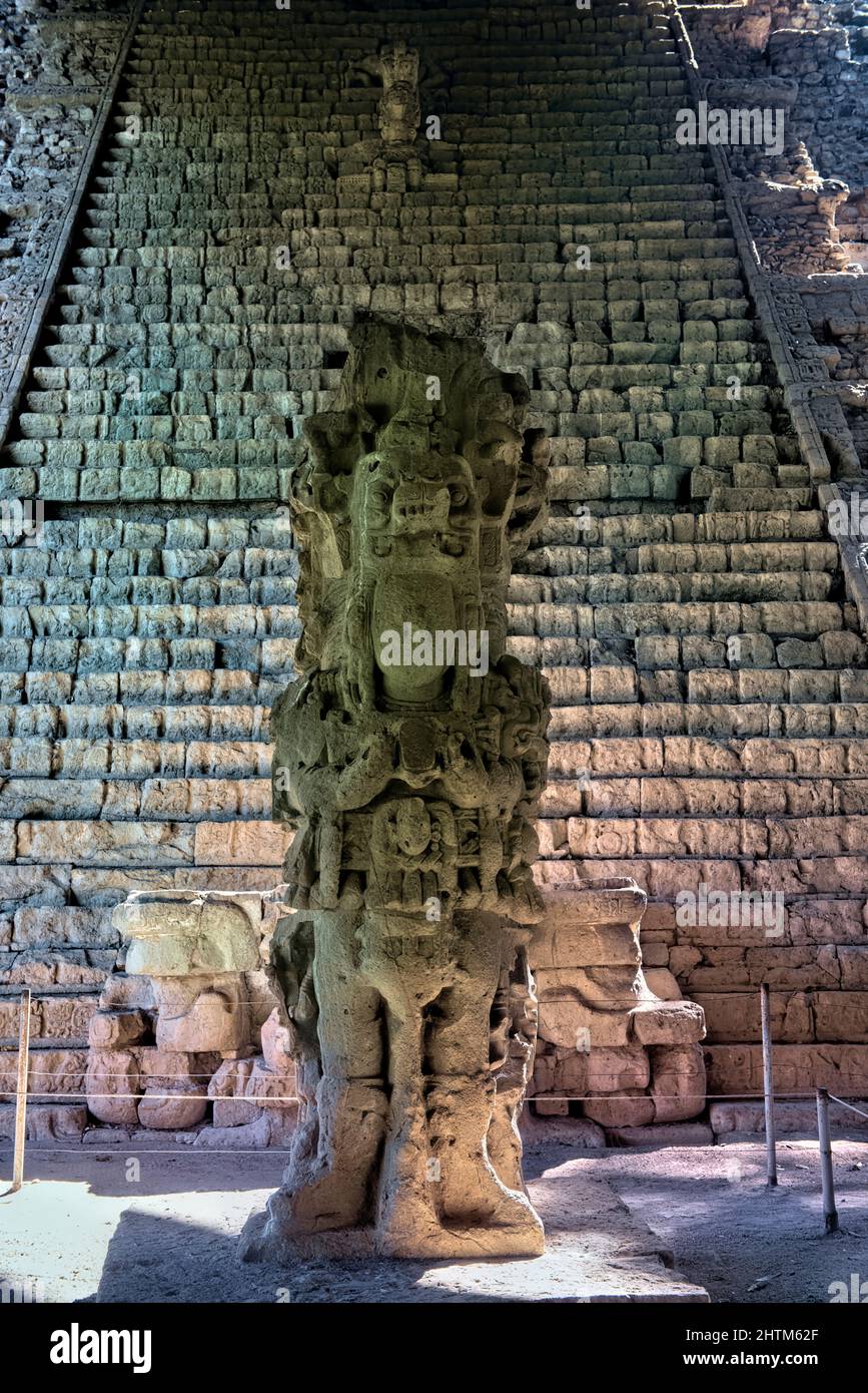 Hieroglyphic stairway and stela at the Copan Mayan Ruins, Copan Ruinas ...