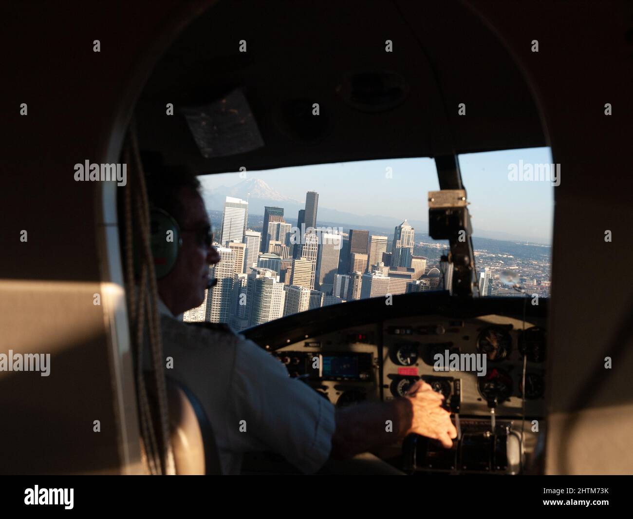 View of Seattle skyline from the cockpit of a small airplane Stock ...