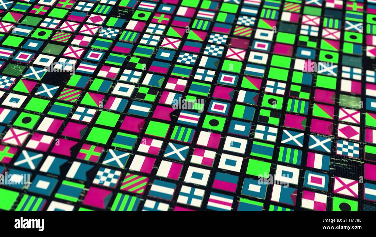 Abstract animation of multicolored countries flags icons on the dark ...