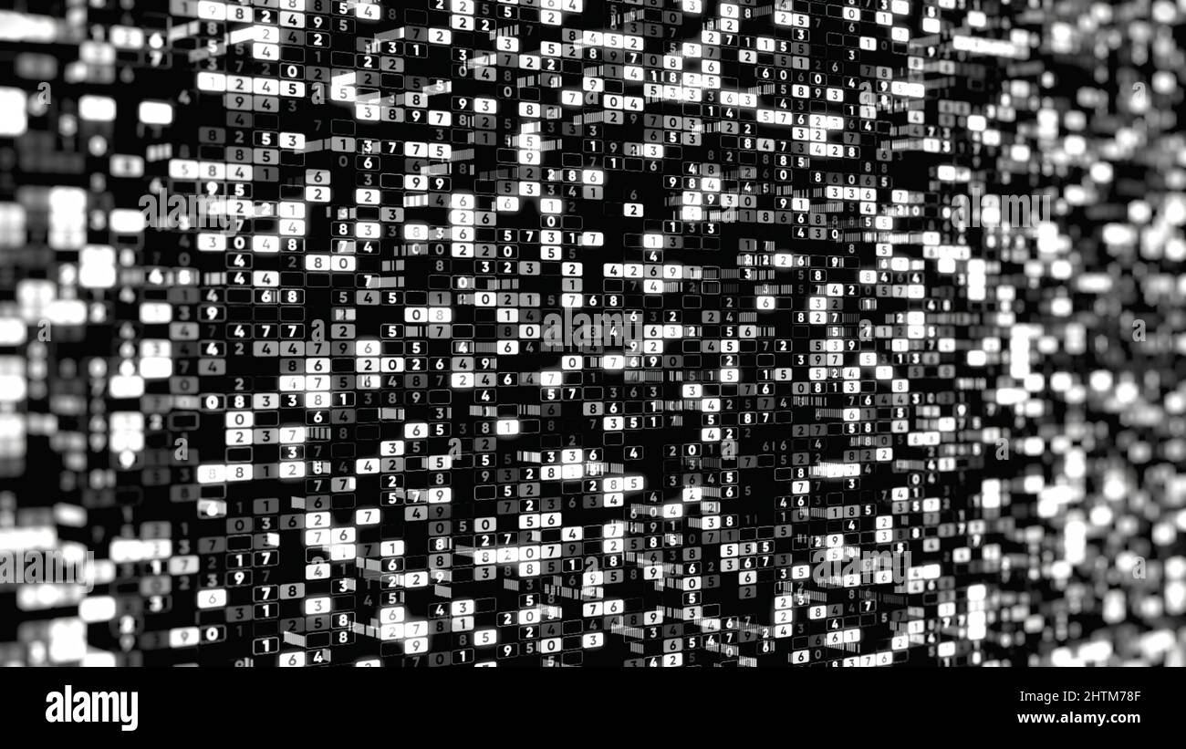 Abstract animation of columns with white digits changing their values ...