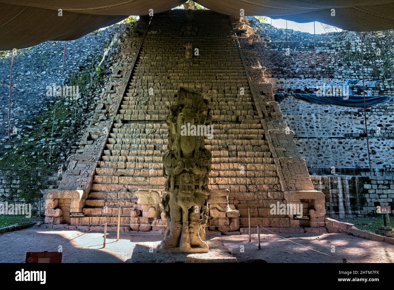 Hieroglyphic stairway and stela at the Copan Mayan Ruins, Copan Ruinas ...