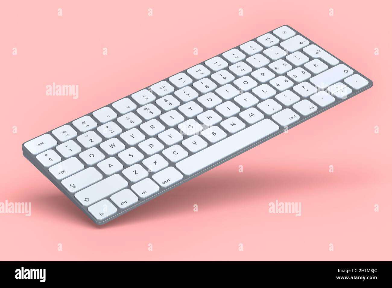 Modern aluminum computer keyboard isolated on pink background. 3D ...