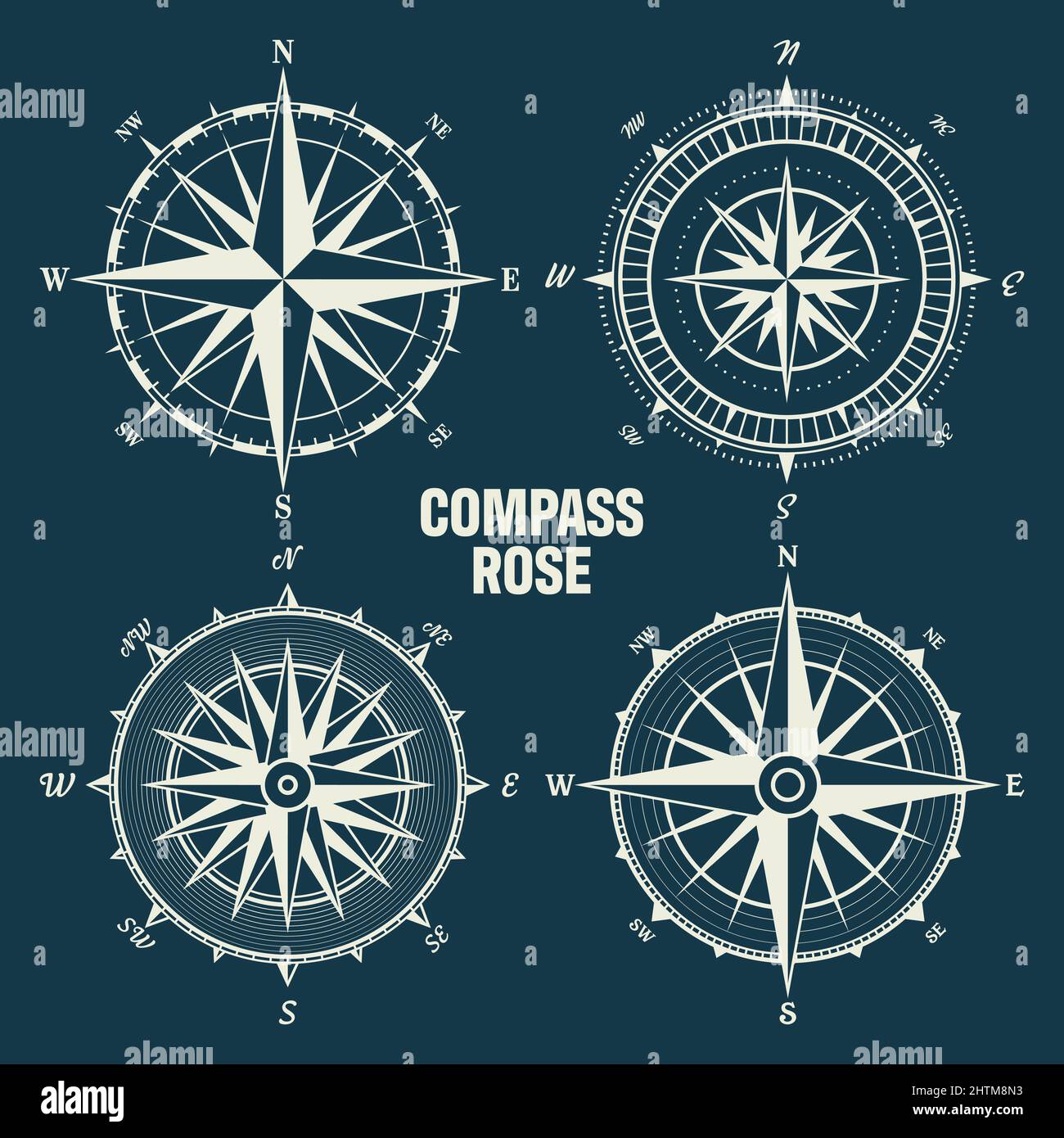 Vintage marine wind rose, nautical chart. Monochrome navigational ...