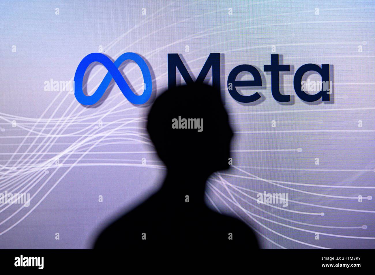 NEW YORK, USA, 1. MARCH 2022: Meta or Metaverse logo on big screen and ...