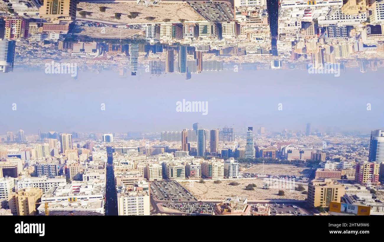 Modern city with mirror effect. Stock footage. Abstract animation with ...