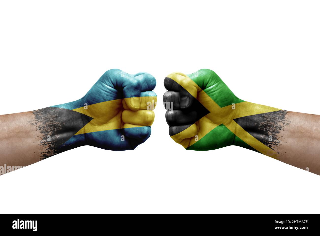 Two hands punch to each others on white background. Country flags ...