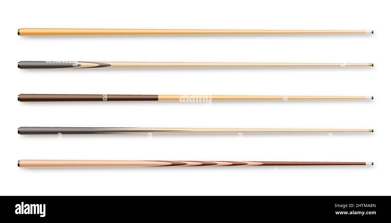Various wooden billiard cues isolated on white background. Snooker ...