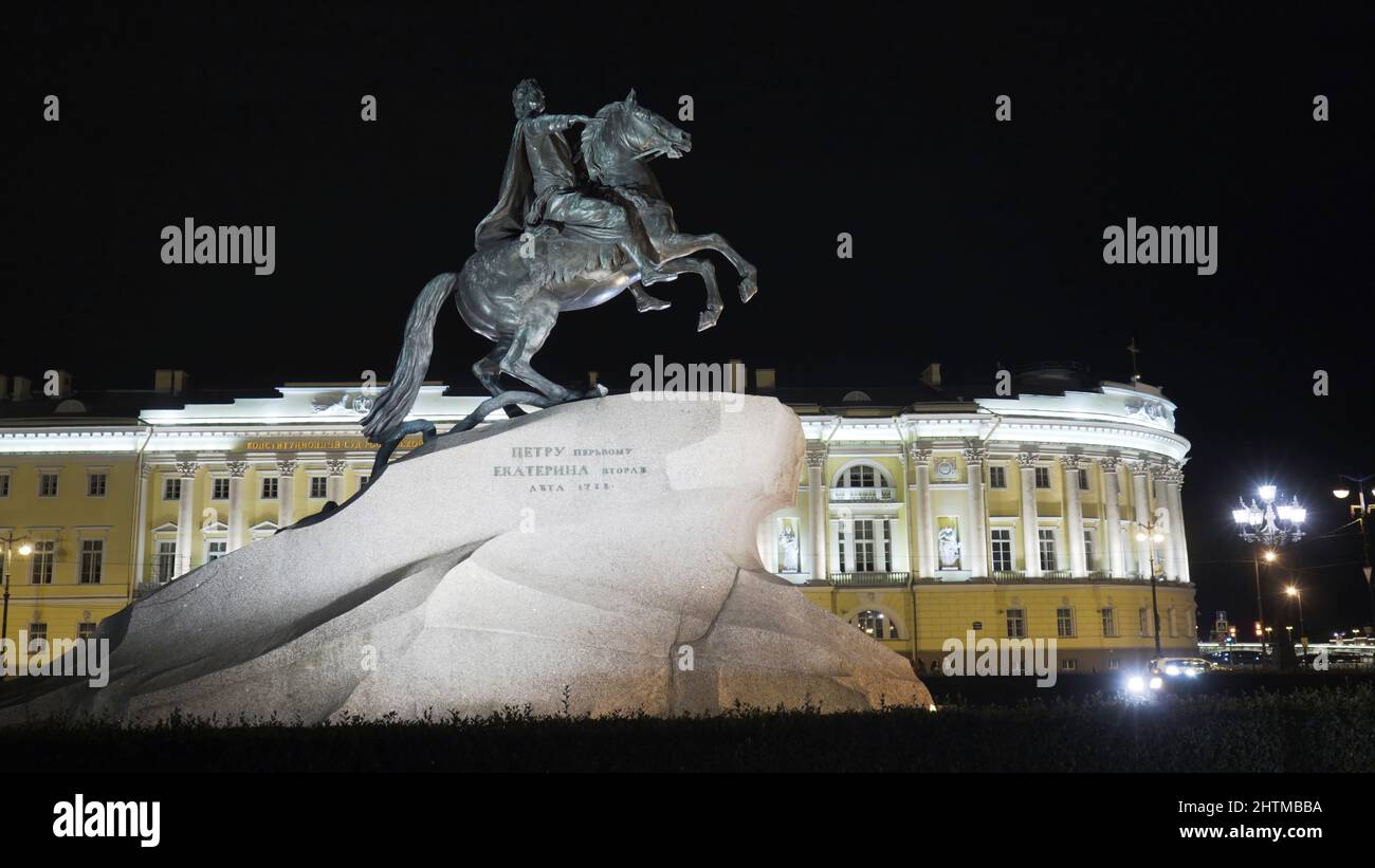 Illuminated monument of Copper horseman at night. Action. Great ...