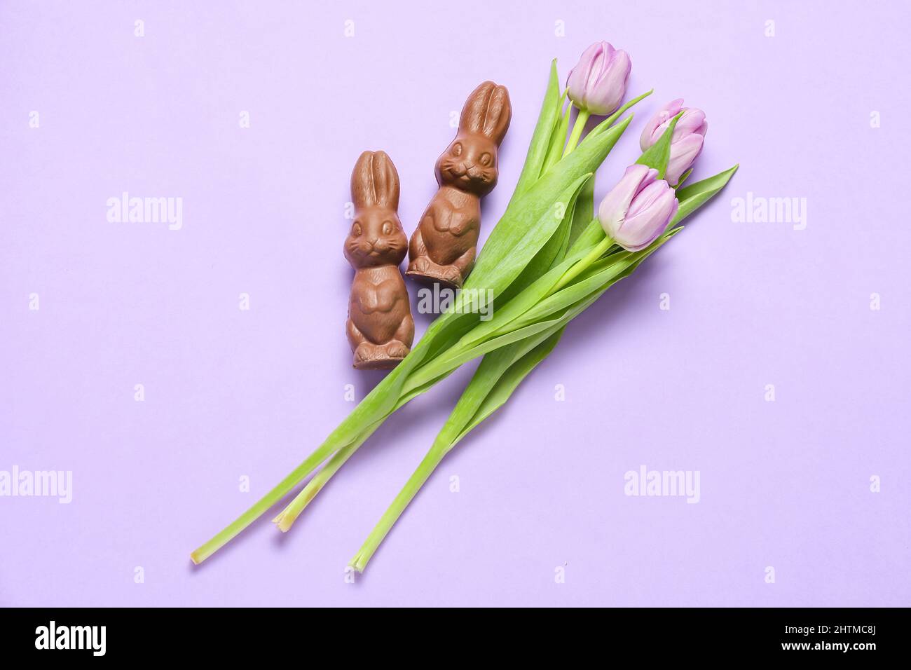 Chocolate Easter bunnies and beautiful tulip flowers on lilac ...