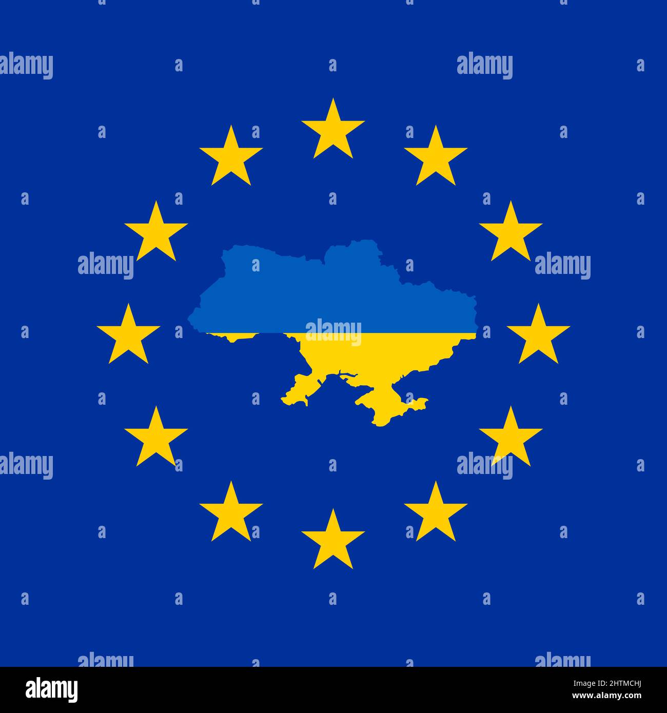 Blue European Union flag with yellow stars and Ukraine map in color of ...