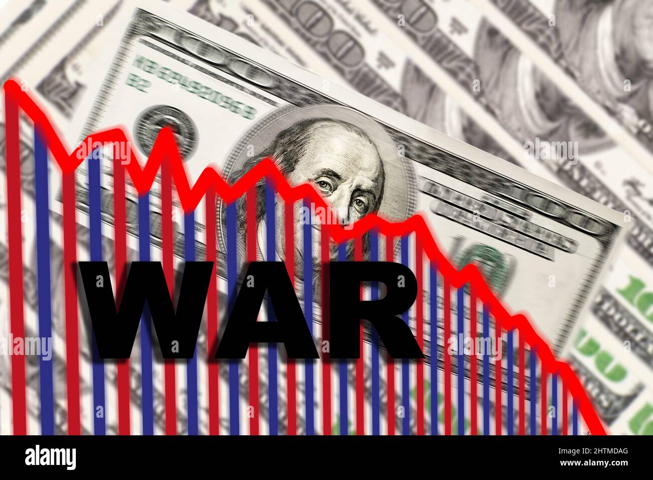 War and the fall of the dollar, inflation concept. Decreasing chart on ...