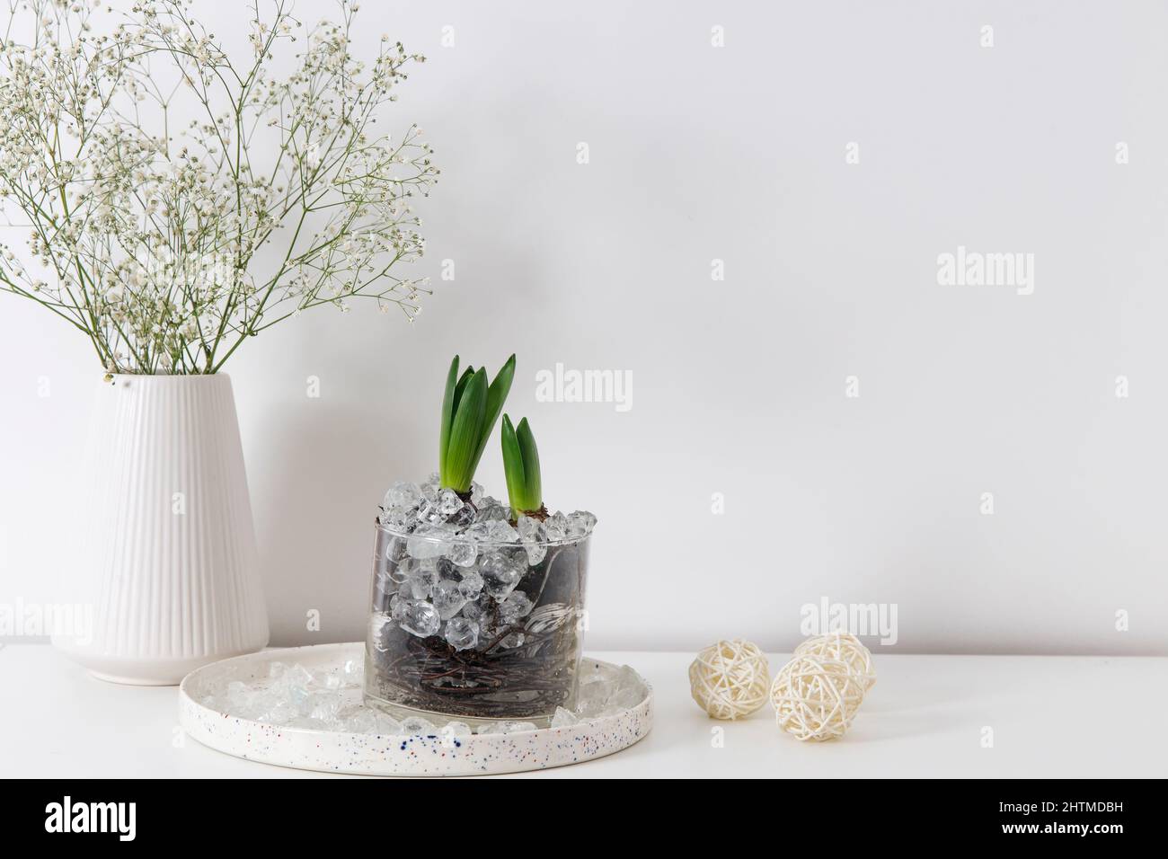 Gypsophila in a ceramic vase, hyacinths in a glass vase on a white ...
