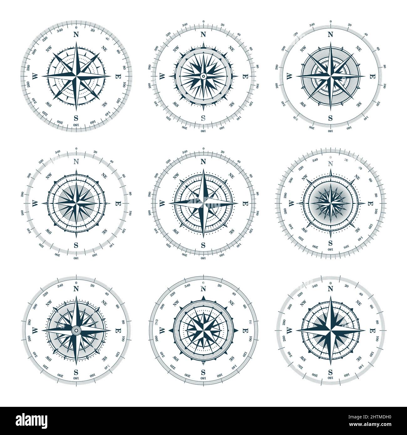 Vintage marine wind rose, nautical chart. Monochrome navigational ...
