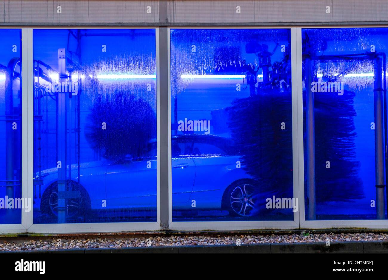 Car in an automatic car wash, car wash line, cleaning foam is sprayed ...