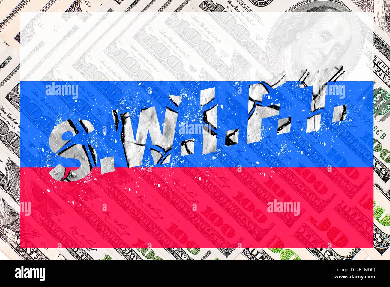 The concept of the SWIFTban in Russia. The word SWIFT is broken against ...