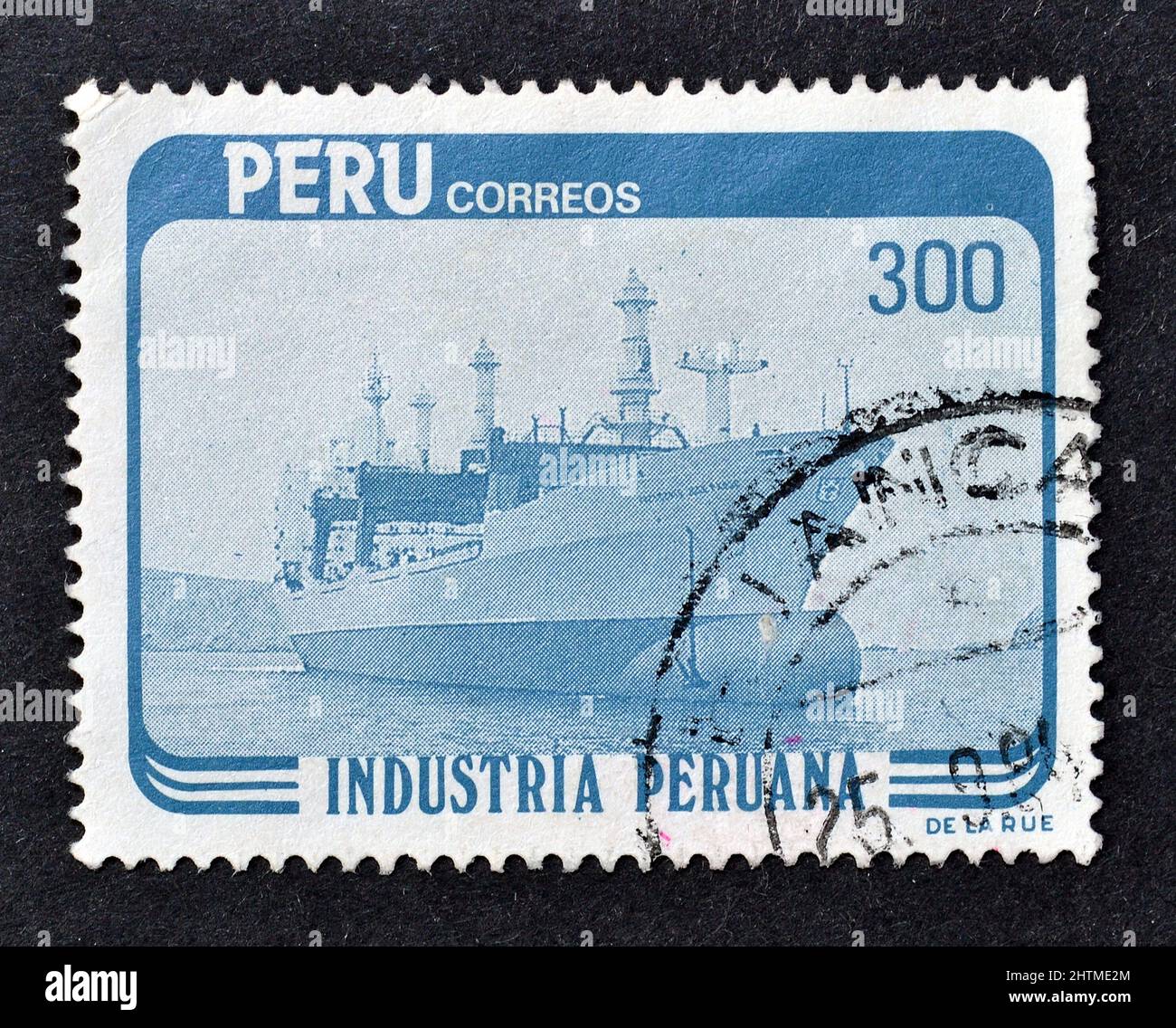 Cancelled postage stamp printed by Peru, that shows Cargo Ship ...
