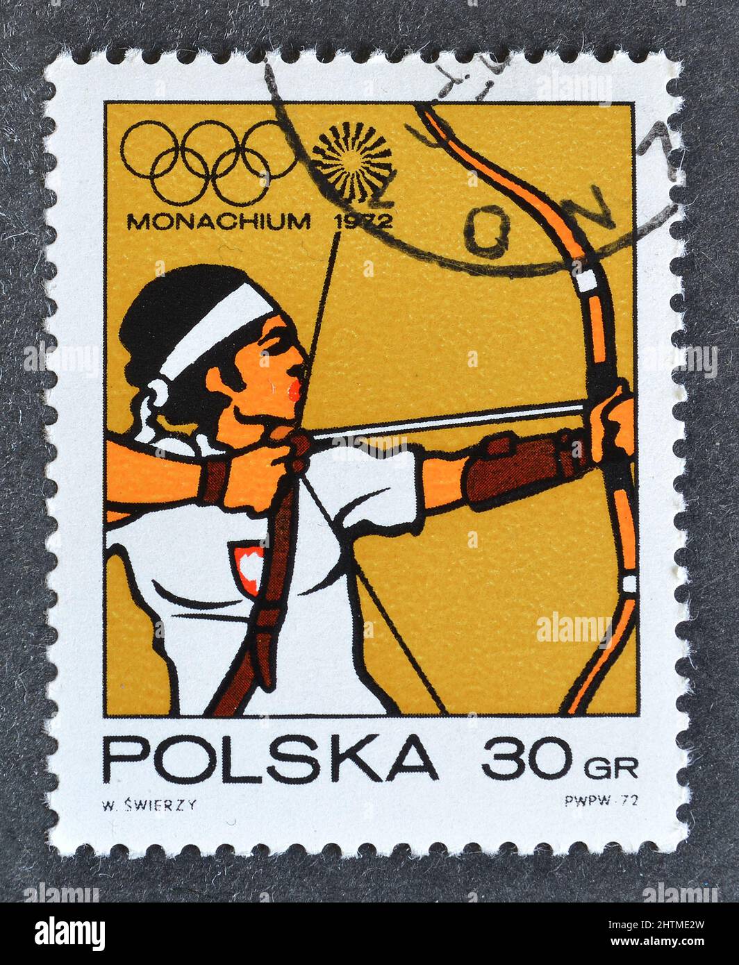 Cancelled postage stamp printed by Poland, that shows Archery, Summer ...