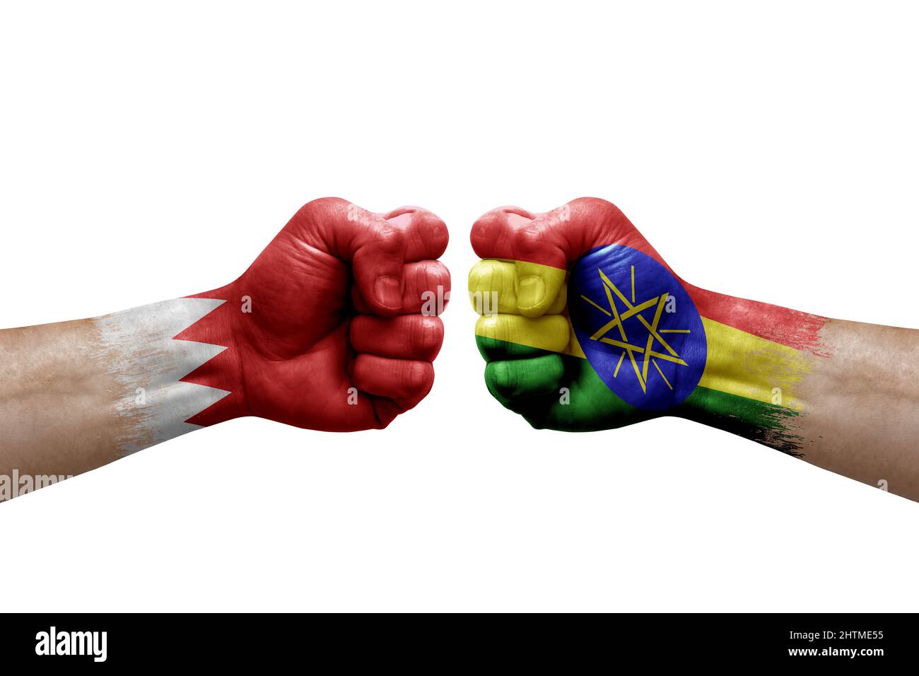 Two hands punch to each others on white background. Country flags ...