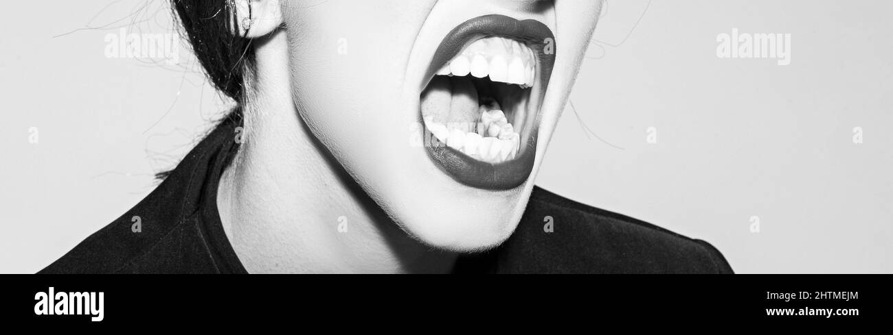 Mouth speech, woman screaming. Pretty girl shouting banner. Open ...