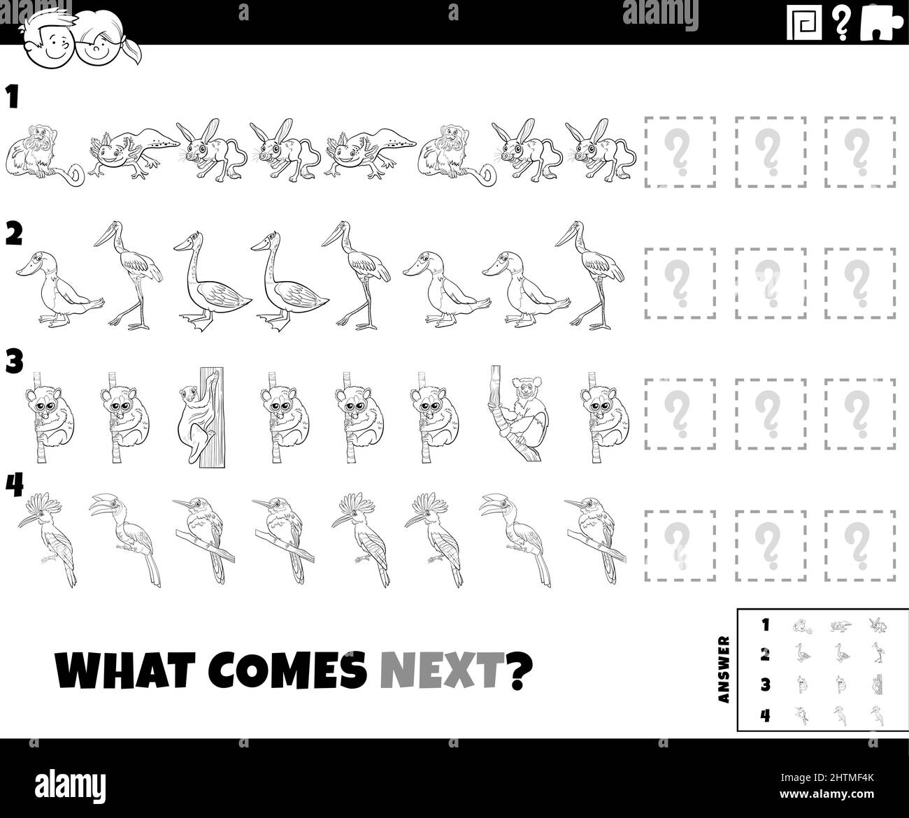 Black and white cartoon illustration of completing the pattern ...