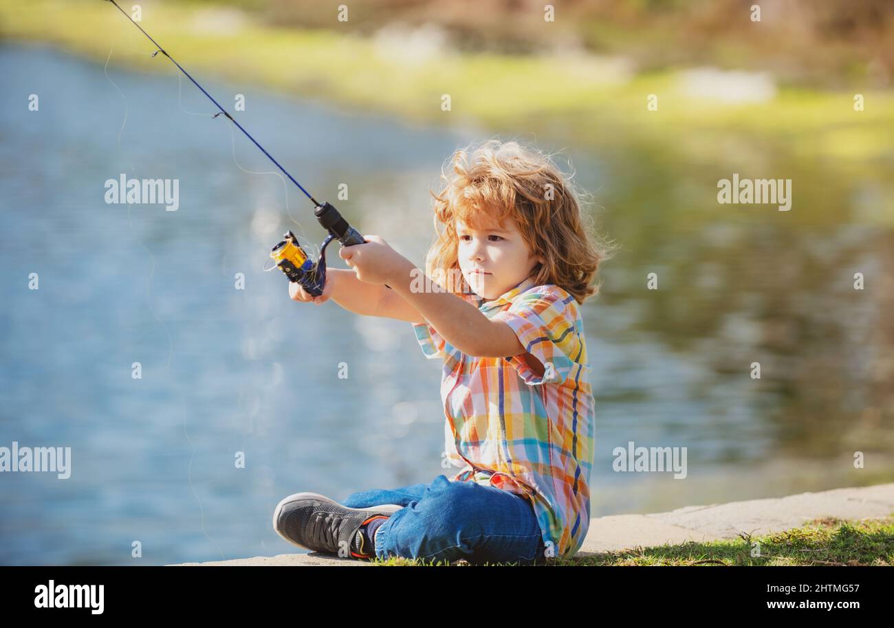 Happy child fishing. Boy with spinner at river. Fishing concept Stock ...