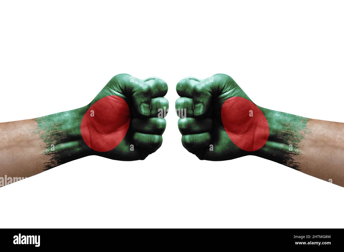 Two hands punch to each others on white background. Country flags ...