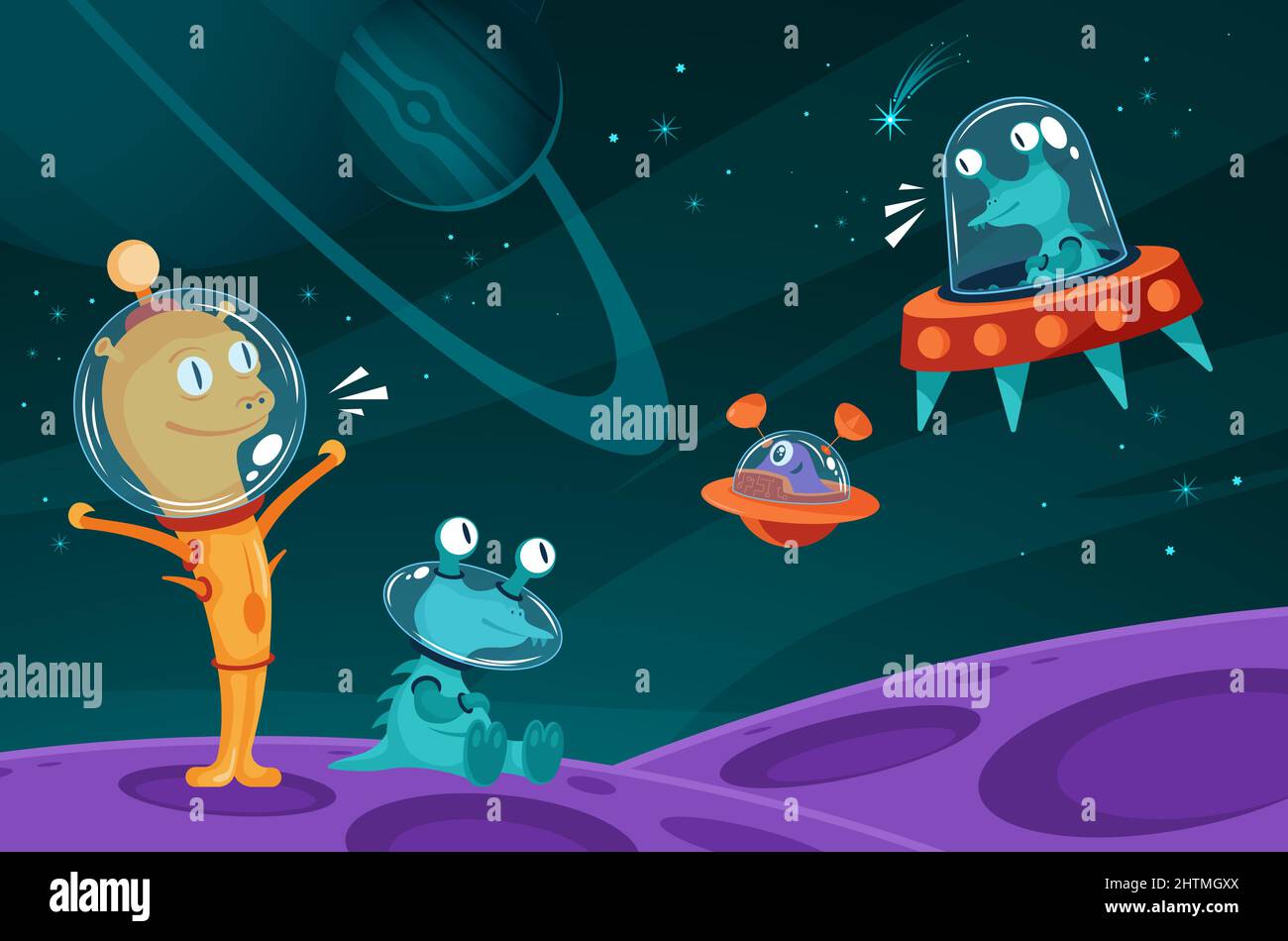 Funny aliens living in space cartoon game image with standing flying ...