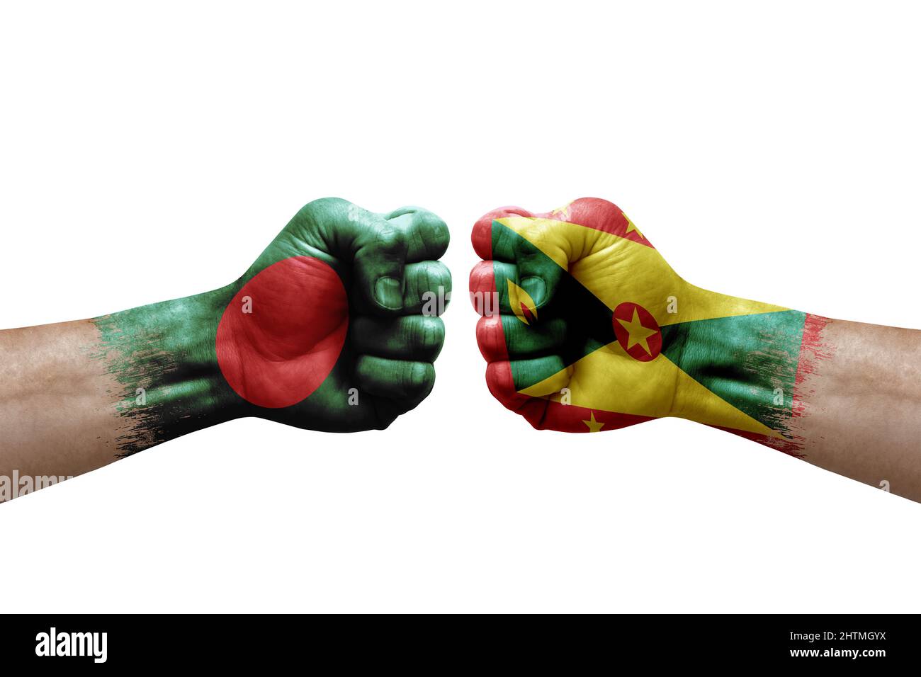 Two hands punch to each others on white background. Country flags ...