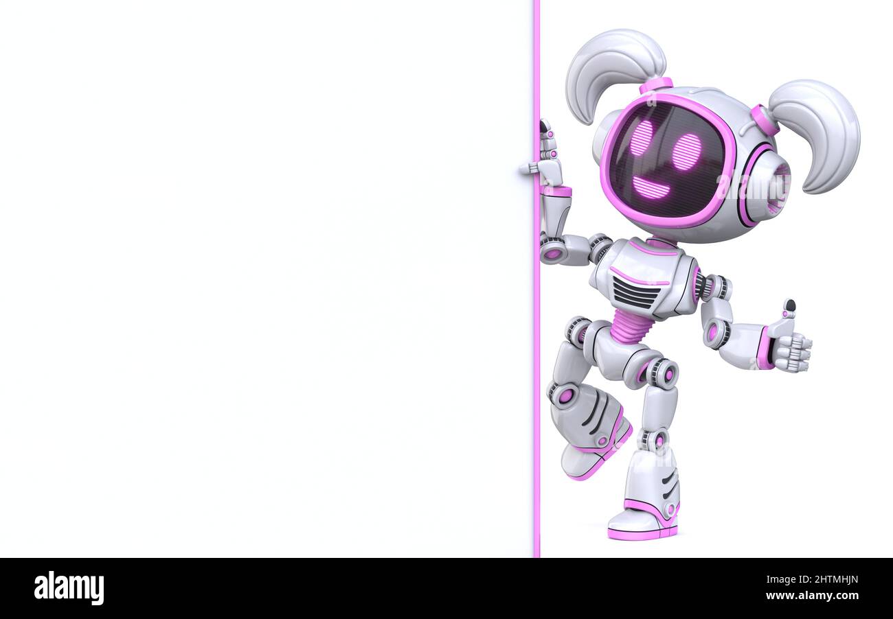 Cute pink girl robot holding blank white board 3D rendering ...