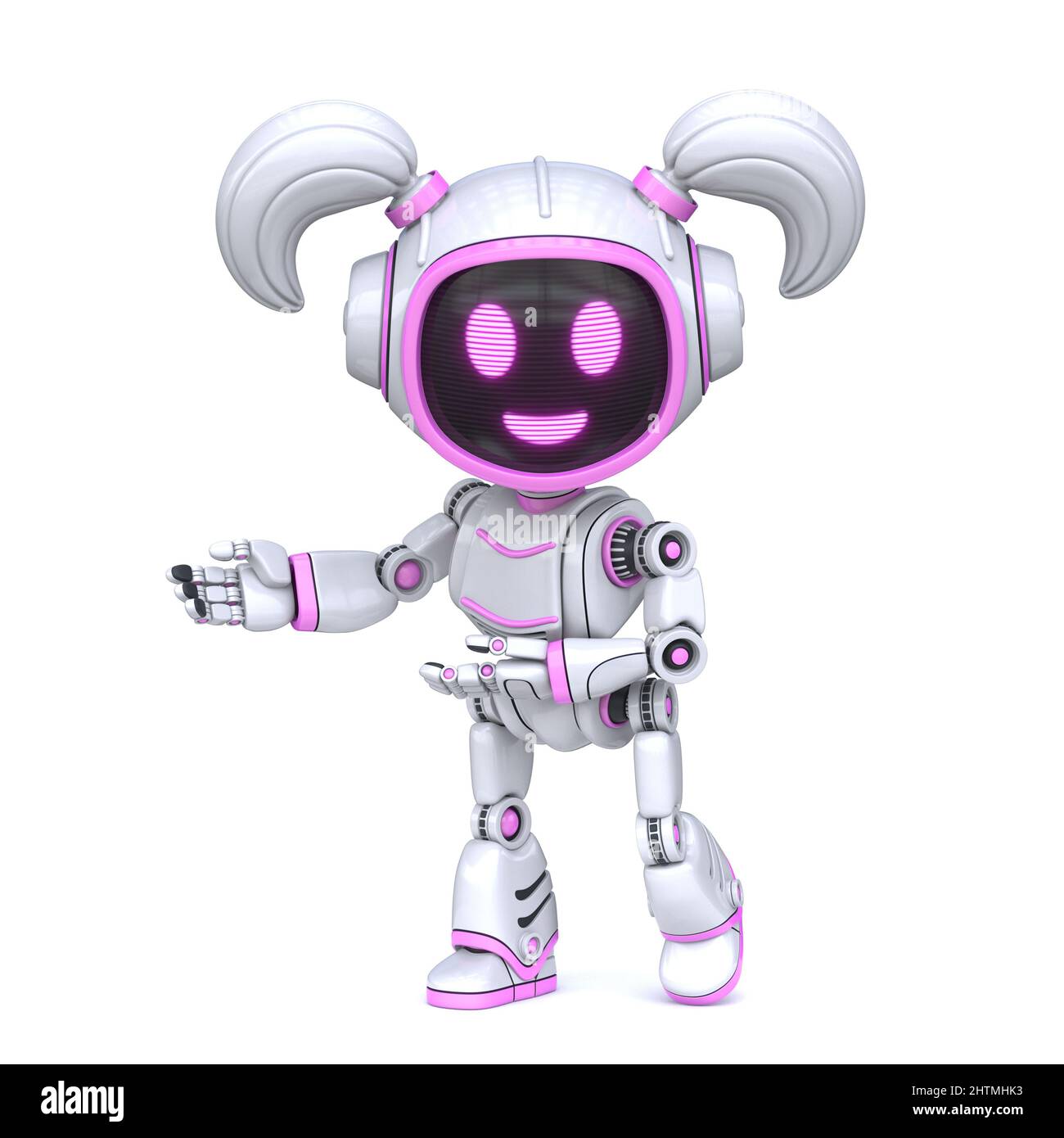 Cute pink girl robot welcoming gesture 3D rendering illustration ...