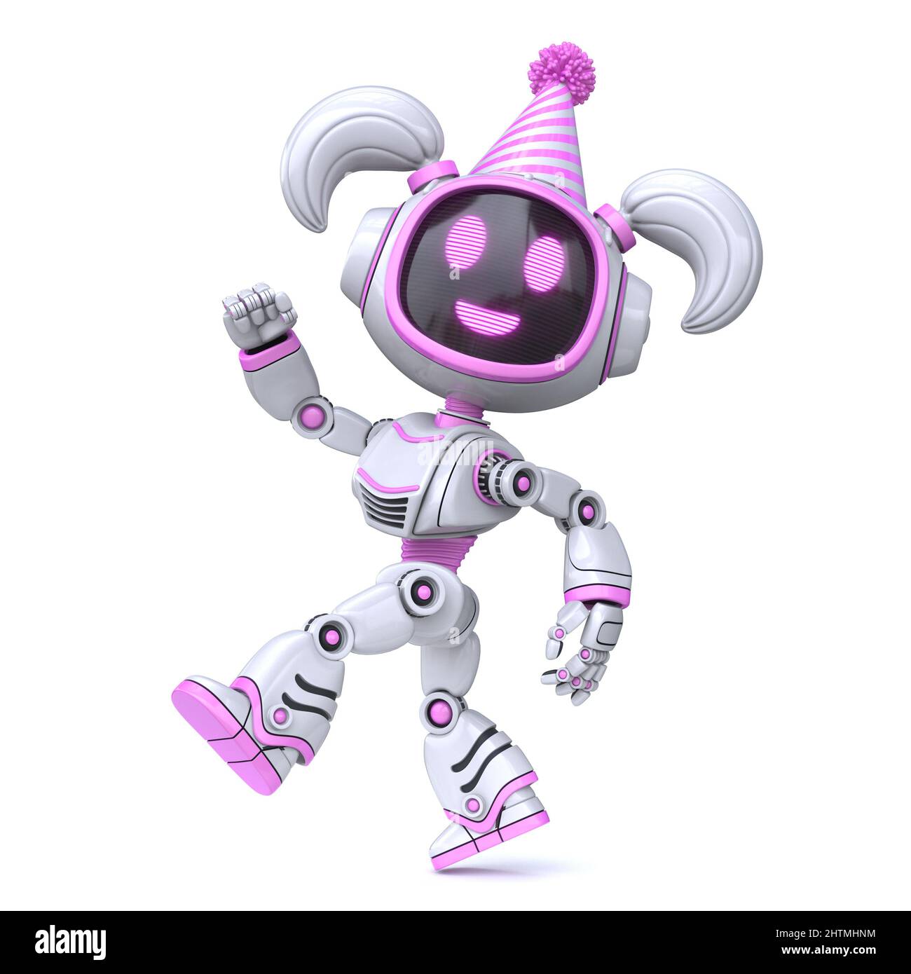 Cute pink girl robot celebrate birthday 3D rendering illustration ...