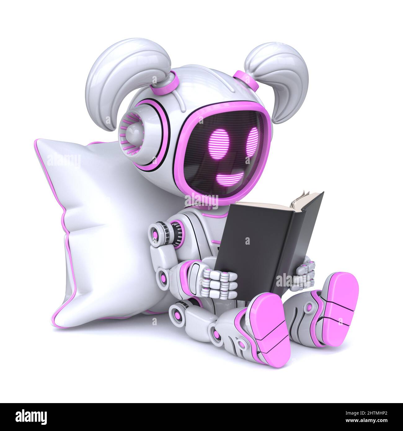 Cute pink robot girl enjoys read book 3D rendering illustration ...