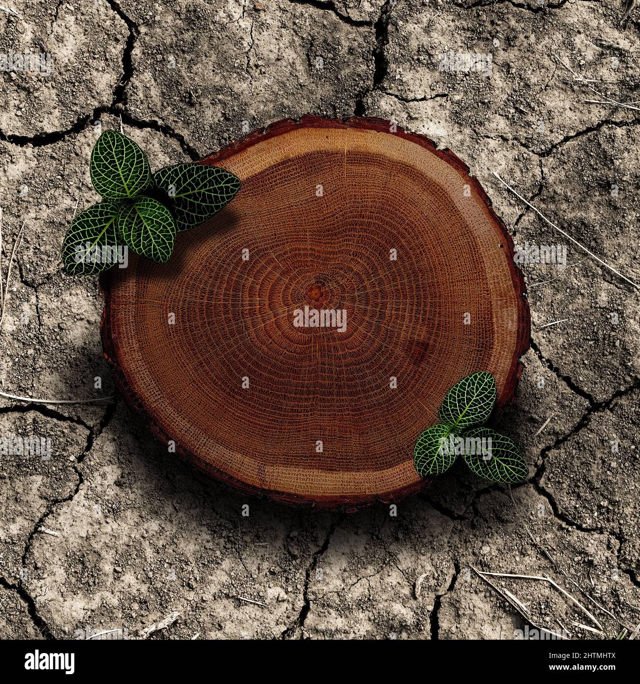 Tree stump with saplings on cracked ground Stock Photo - Alamy