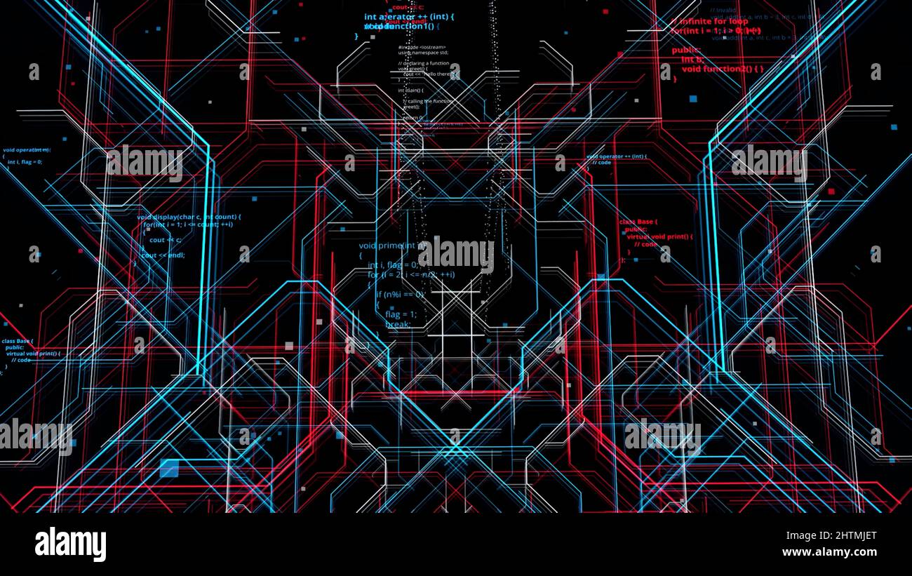 Technological high tech background of a complex tunnel made by colorful ...