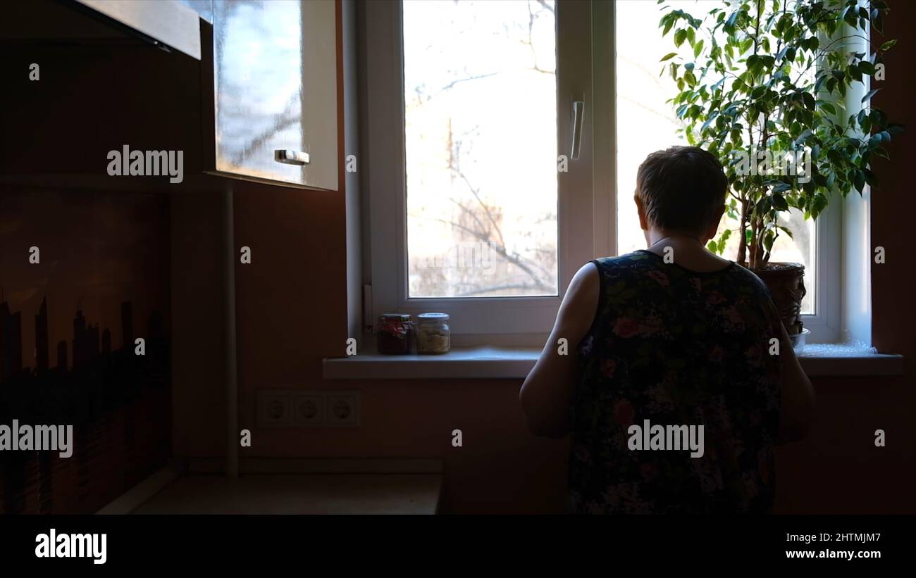 Back view of grandmother looking out window. Concept. Elderly woman ...