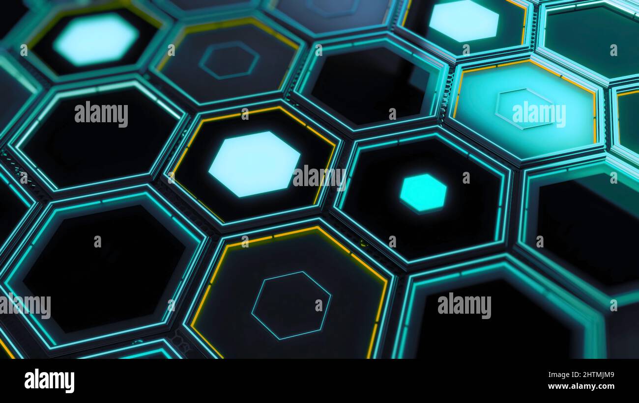 Background of neon hexagonal cells. Animation. Horizontal futuristic surface with large neon ...