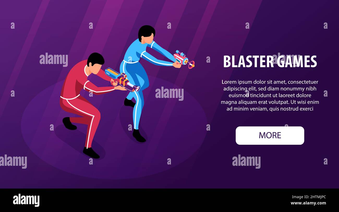 Isometric blaster game horizontal banner with editable text more button ...
