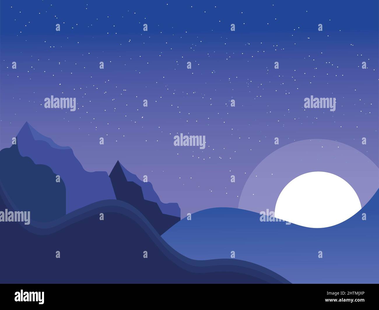 Illustration of mountains landscape with sunset and stars on the sky in ...