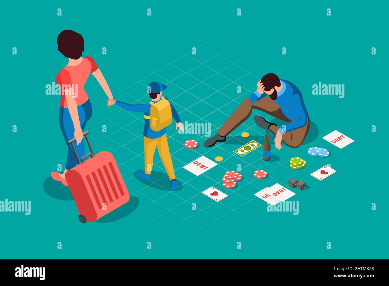Casino isometric background with father oppressed by losing and mother ...