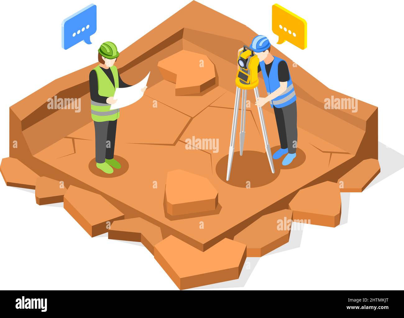 Geodesy isometric composition with view of square pit and characters of ...