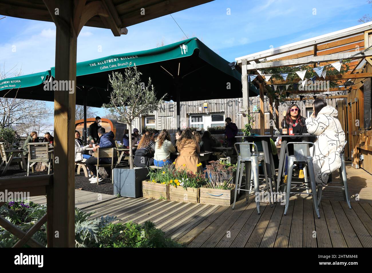 The Allotment Kitchen cafe at Stepney City Farm, in spring sunshine, in ...