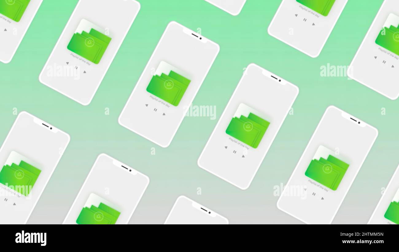 Rows of smartphone with a folder icons on each screen. Motion ...
