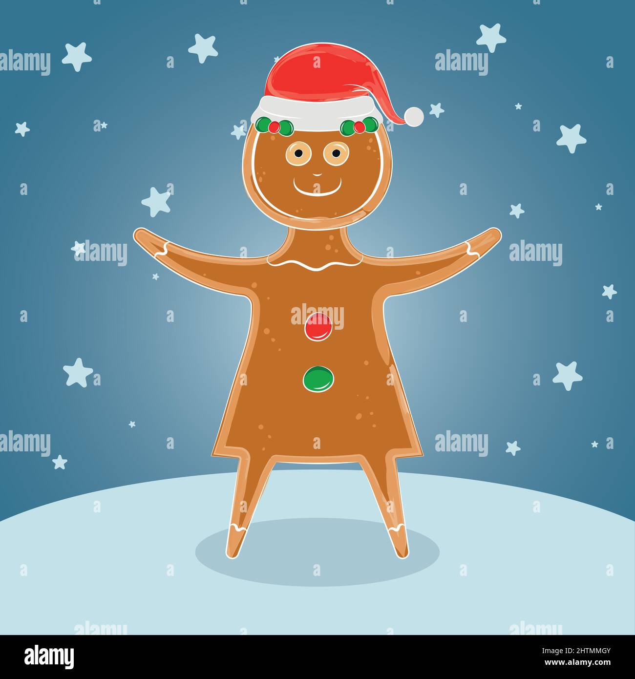 Isolated happy gingerbread female cookie cartoon on a winter landscape ...