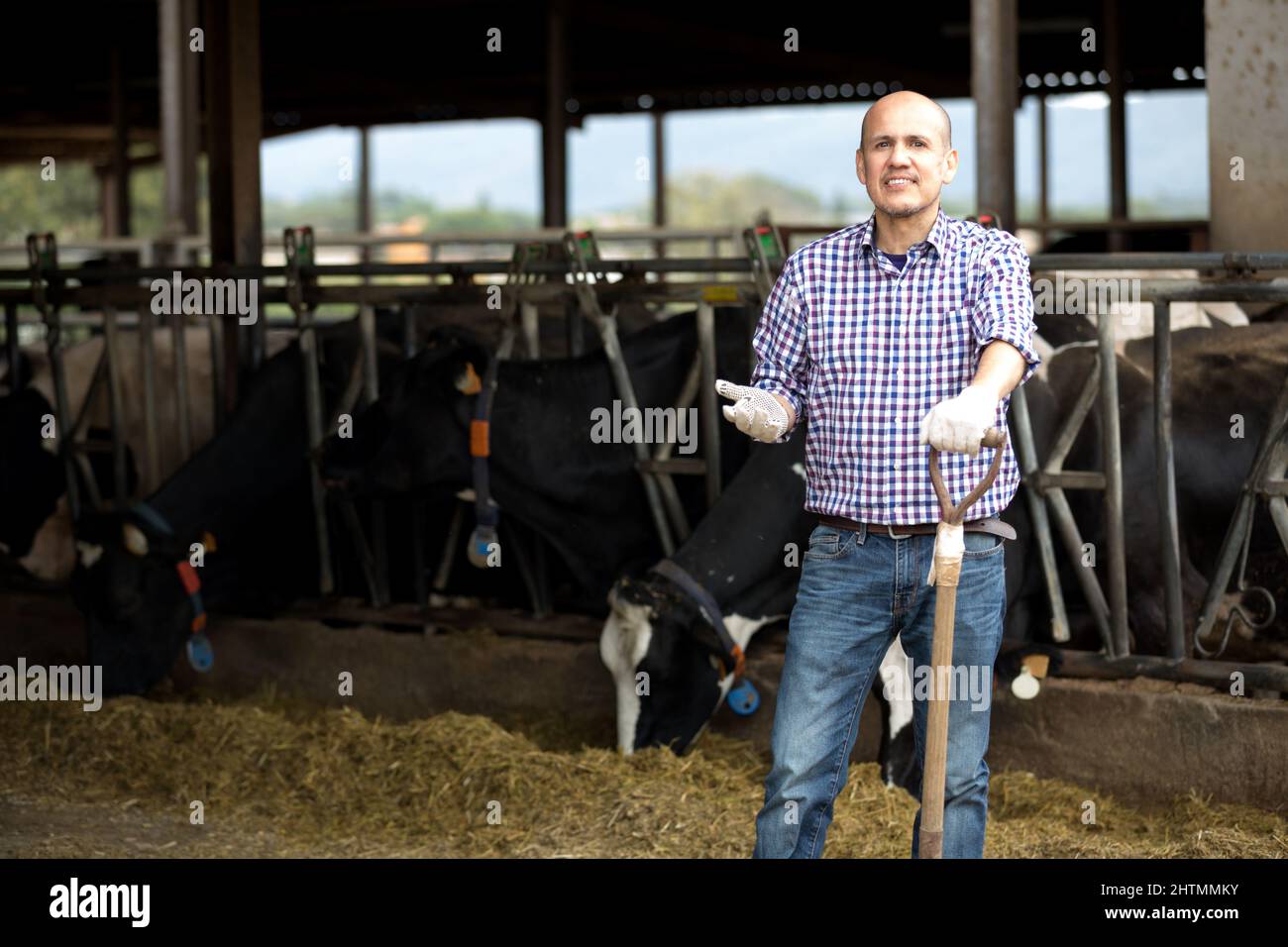 Male farmer holding agricultural tool Stock Photo - Alamy