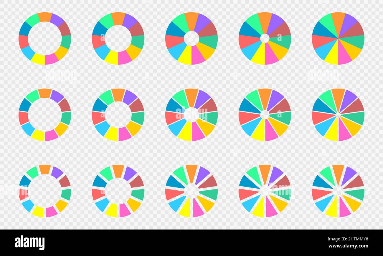 Pie and donut charts set. Colorful circle diagrams divided in 11 ...